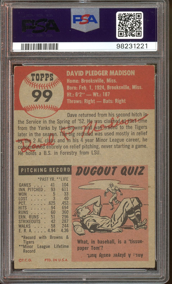 1953 Topps #99 Dave Madison PSA 5 EX. Detroit Tigers | eBay