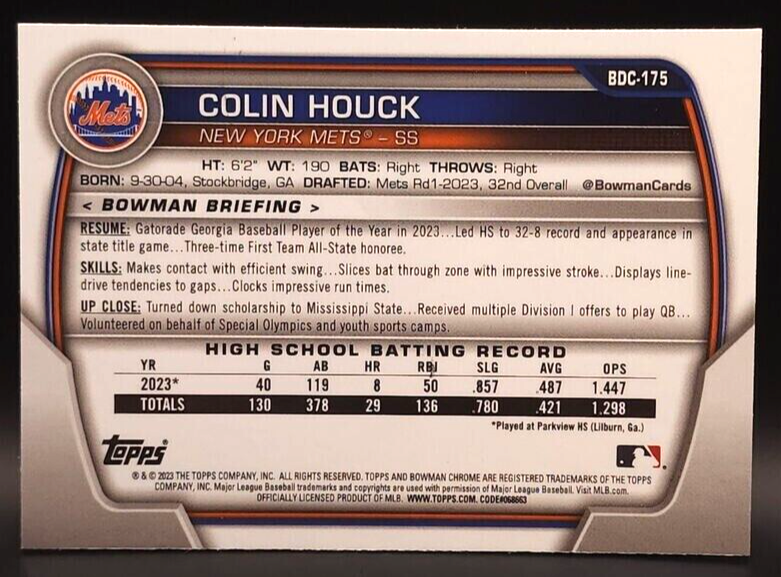 Colin Houck 2023 Bowman 1st Draft Chrome Parallel #BDC-175 Prospect ...