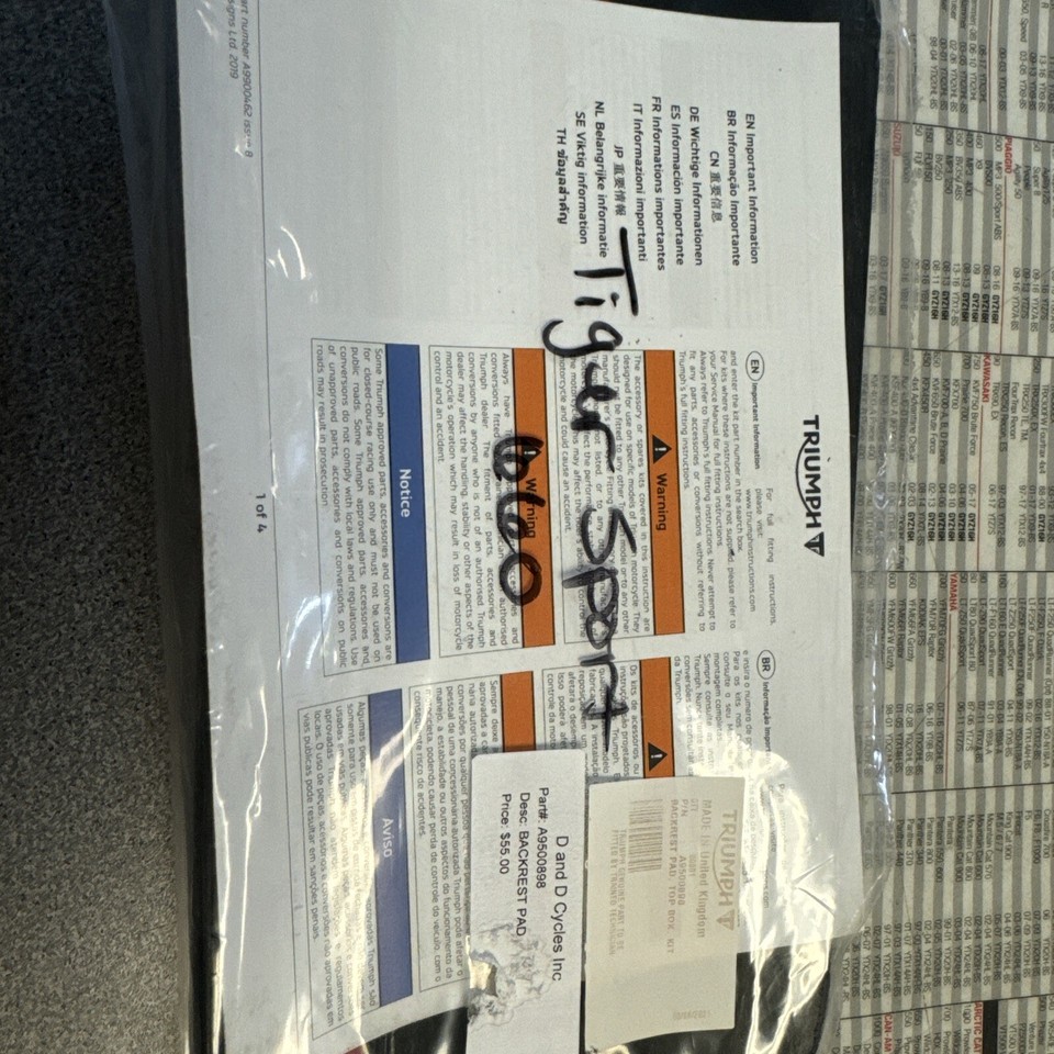 Triumph Tiger Sport 660 Top Box Backrest Pad A9500898 | eBay