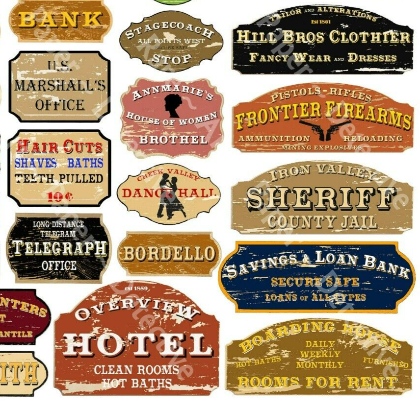 Old West Frontier Town Signs, 68 Multi-Scale Railroad Signs, 2 STICKER ...
