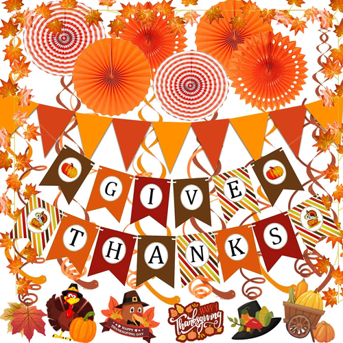 Give Thanks Pumpkin Maple Leaf Paper Banner Triangle Flag Bunting Maple ...