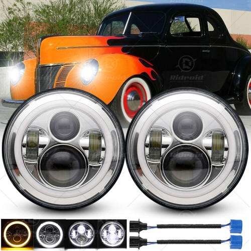 For Ford Deluxe 1939-1951 Halo 7" Inch Round LED Headlights DRL Angel ...