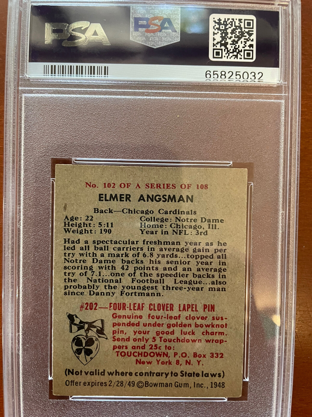 1948 BOWMAN FOOTBALL PSA 4 102 SP ELMER ANGSMAN~CHICAGO CARDINAL NOTRE ...