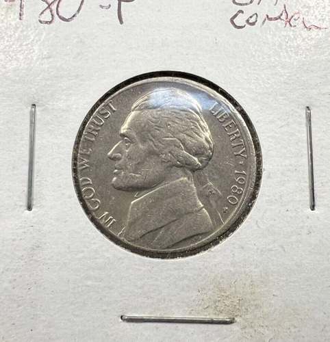 1980 P Jefferson Nickel 5c Coin SLIGHT Misaligned Obverse Die Error VF ...