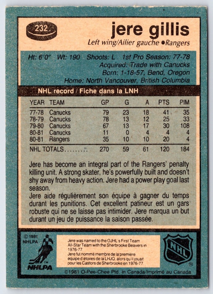 JERE GILLIS 1981-82 O-PEE-CHEE 81-82 NO 232 NRMINT+ 58403 | eBay