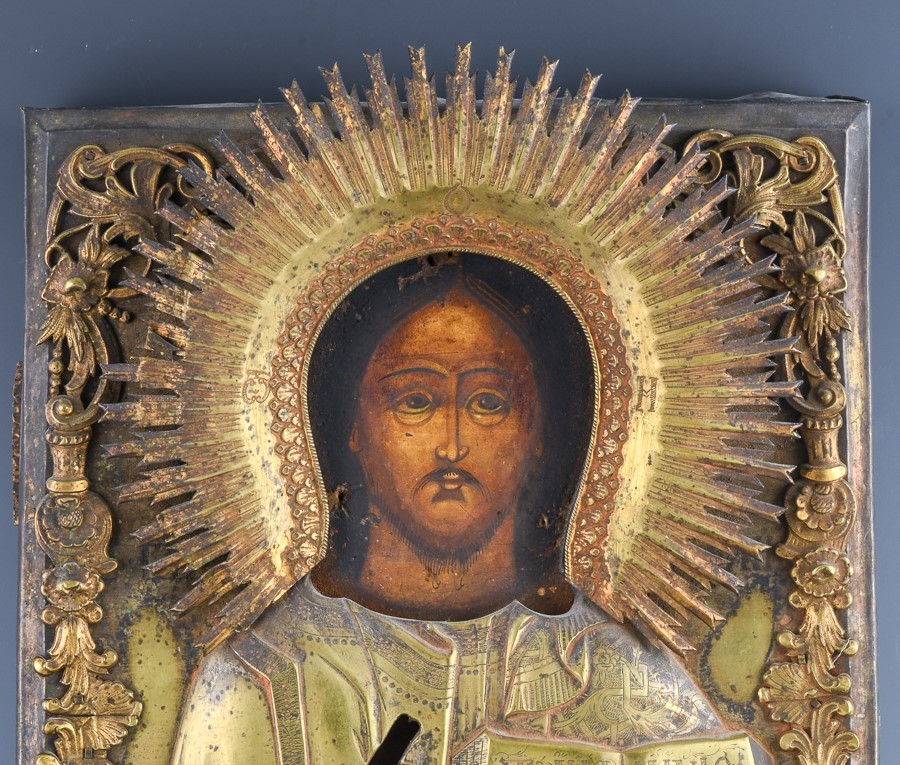 VERY FINE 19thC ANTIQUE RUSSIAN ORTHODOX CHRIST PANTOCRATOR ICON w GILT ...