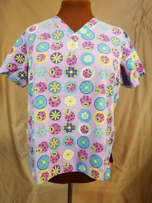 Scrub Wear Top Size Large Purple Ladybug Flower Print Medical Dental ...