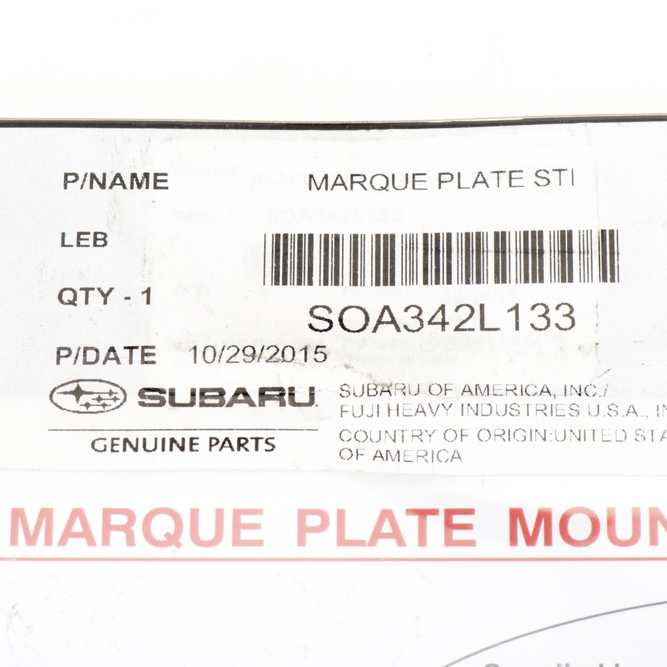 OEM Subaru STI Front Euro-Style License Marque Plate Stainless Steel ...