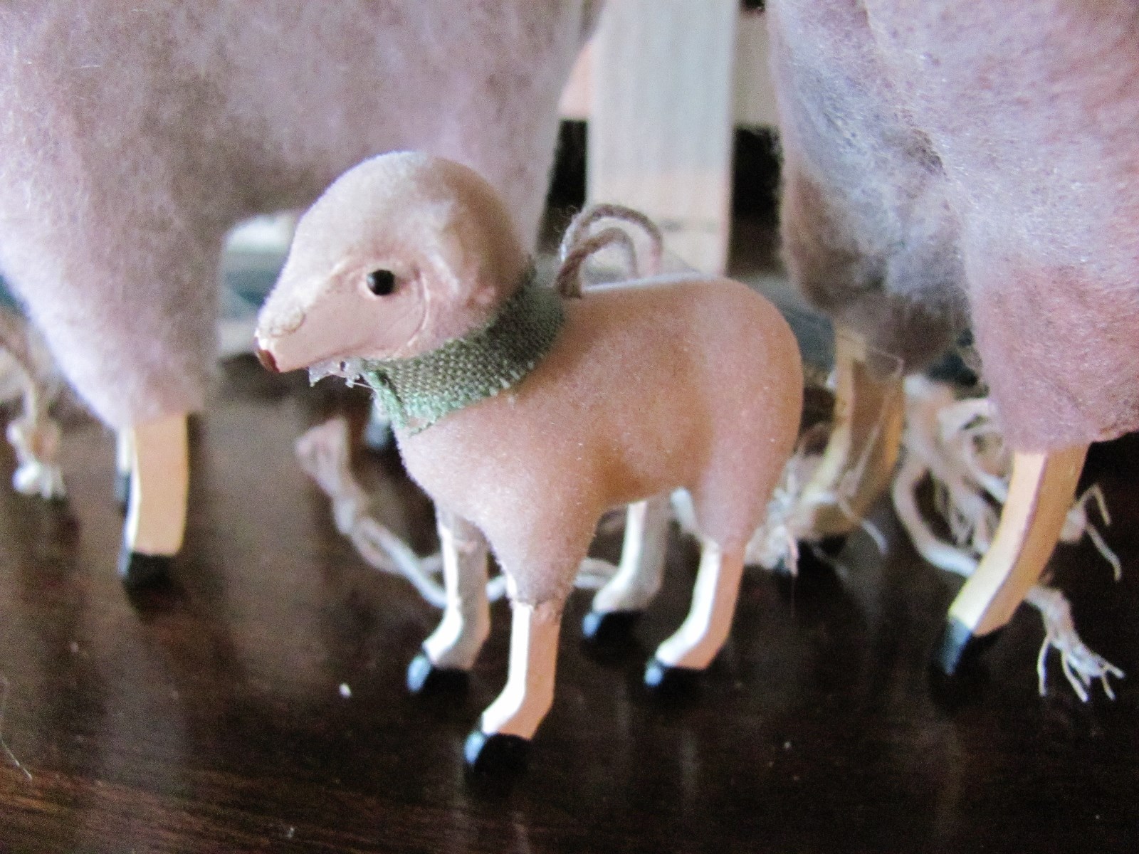 NEW~ Antique German Repro Putz Sheep Trio,4", 3", & 1.5" Green Collars ...