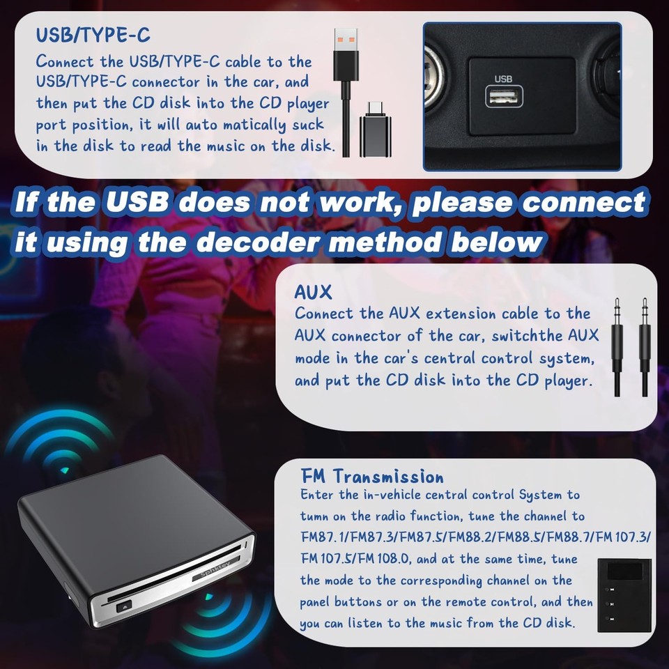 Portable Car USB AUX CD Player - Plug and Play for Cars, Speakers, PC ...