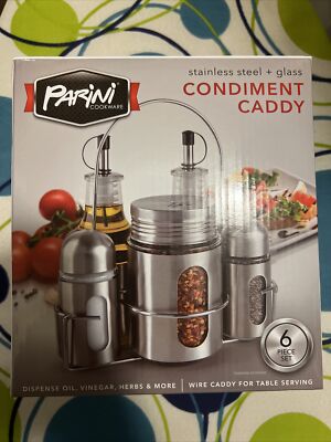 Parini Stainless Steel Glass Condiment Caddy w/ Oil Bottles 6 Pc Set ...