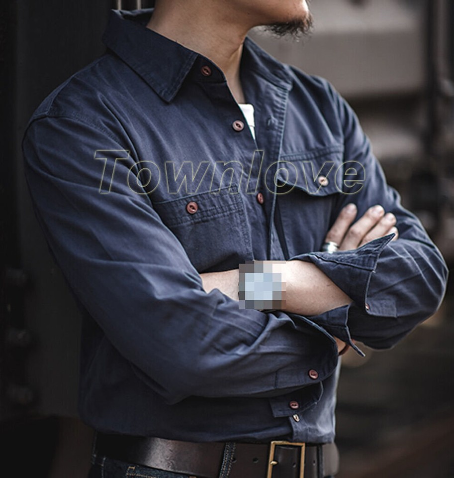 HBT Engineer Work Shirt Men's Long Sleeve Shirt Vintage Casual Pockets ...