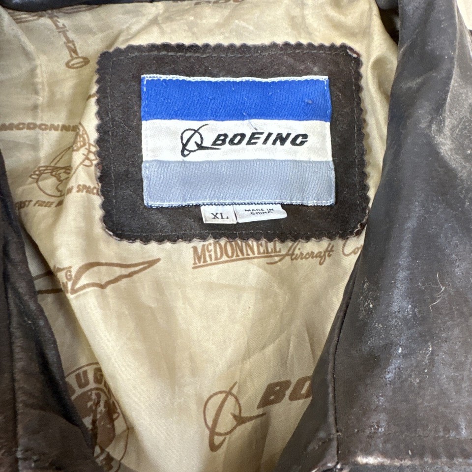 BOEING Leather Bomber Jacket BROWN Aviator Flight Coat Embroidered Vtg ...