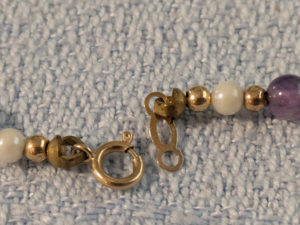 VINTAGE BRACELET MARKED 14KP 14 KT GOLD PURPLE & WHITE BEADS | eBay