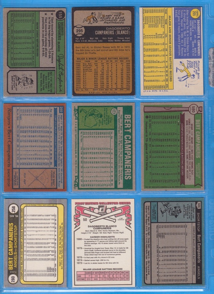 Bert Campaneris Lot (9 cards) 1970 73 74 76 77 78 Topps+, Oakland A's ...