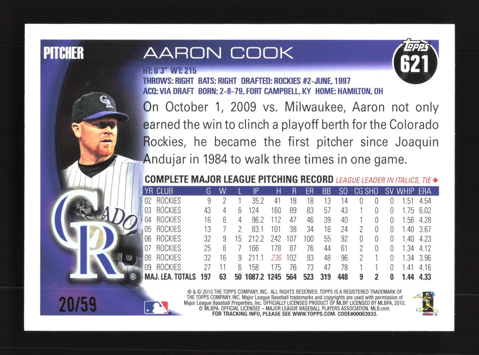 Aaron Cook Colorado Rockies 2010 Topps #621 Black Ser. # /59 | eBay