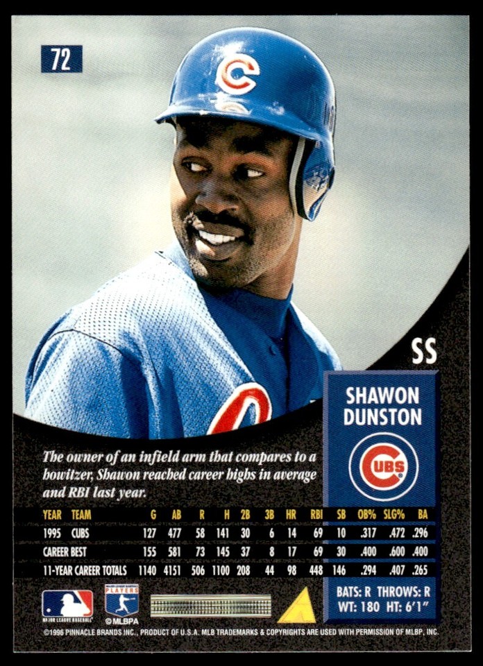 1996 Pinnacle Baseball Card Shawon Dunston Chicago Cubs #72 | eBay