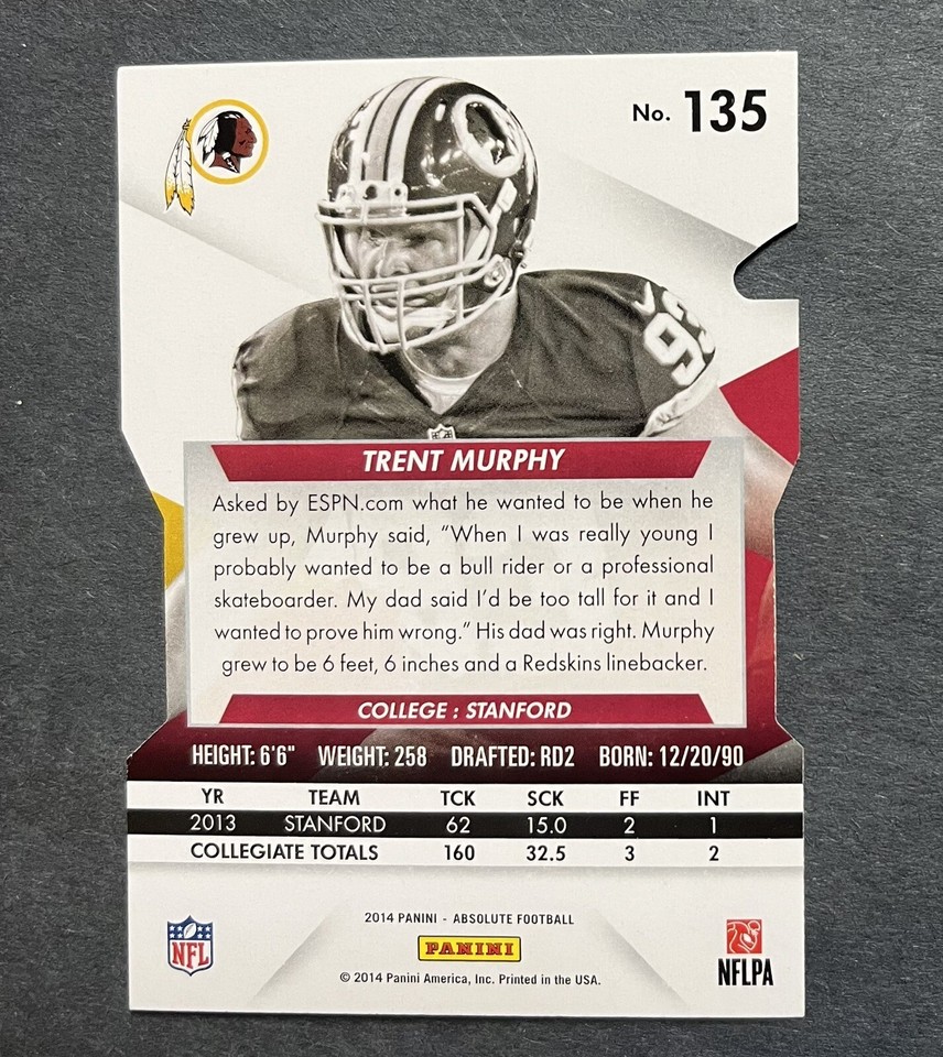 Trent Murphy 2014 Panini Absolute Die Cut RC Washington Redskins #135 ...