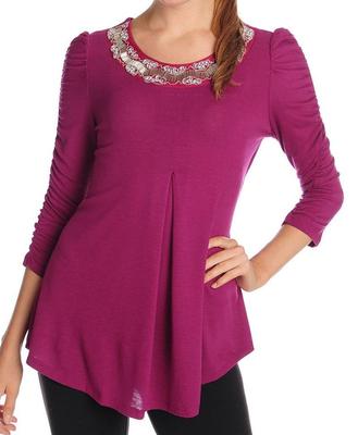 NEW Glitterscape® Stretch Knit Ruched Sleeve Pleated Front Embellished ...