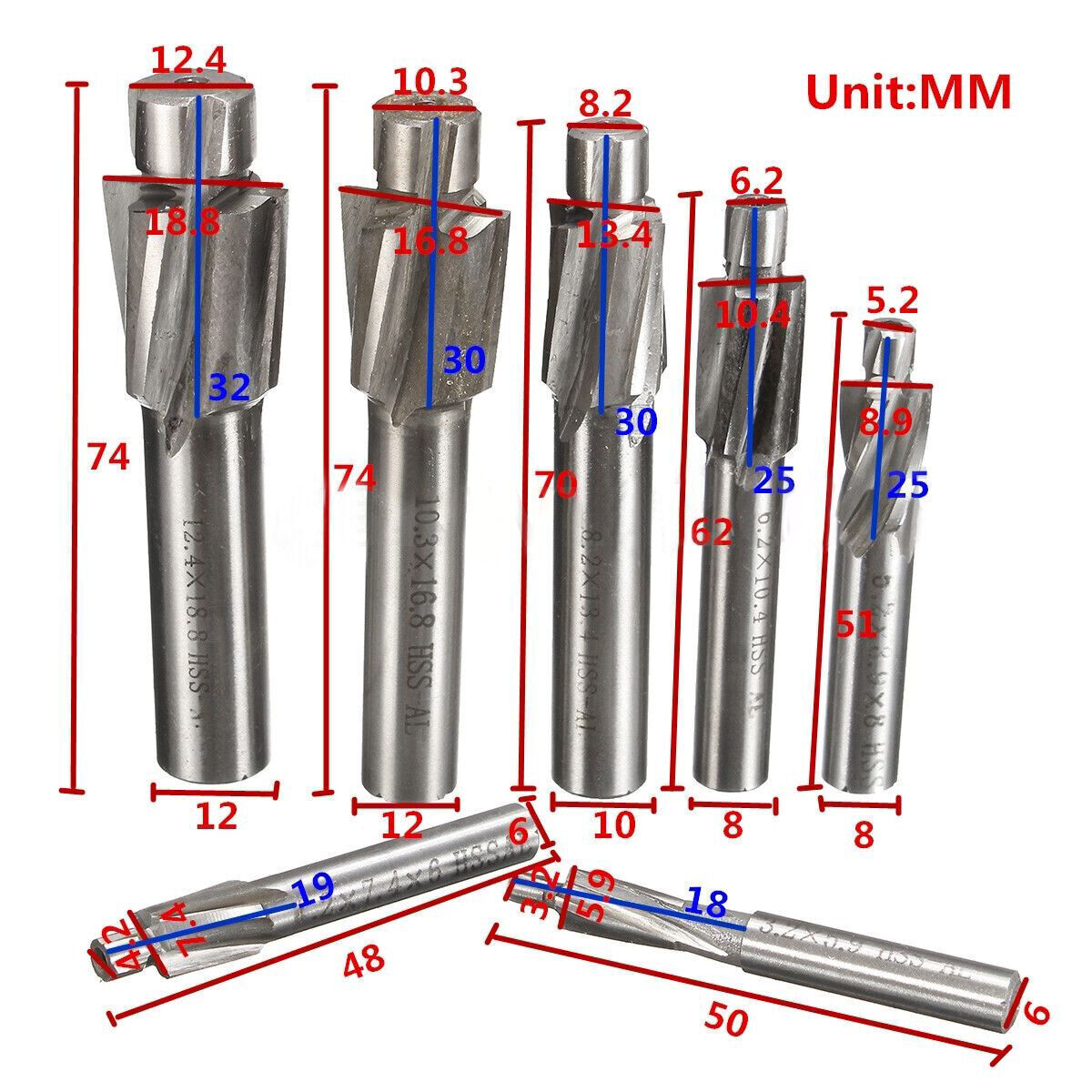7PCS HSS Counterbore End Mill M3-M12 Pilot Slotting Tool Milling Cutter ...