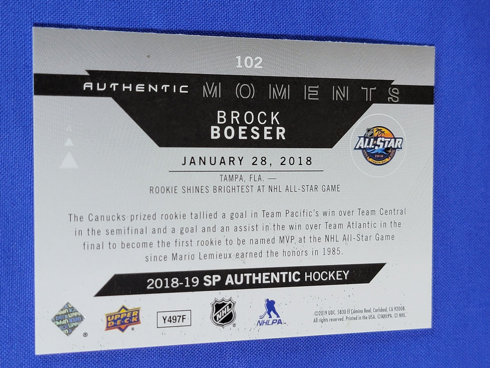 2018-19 SP Authentic Brock Boeser Authentic Moments (1/28/18 All-Star MVP) #102 | eBay