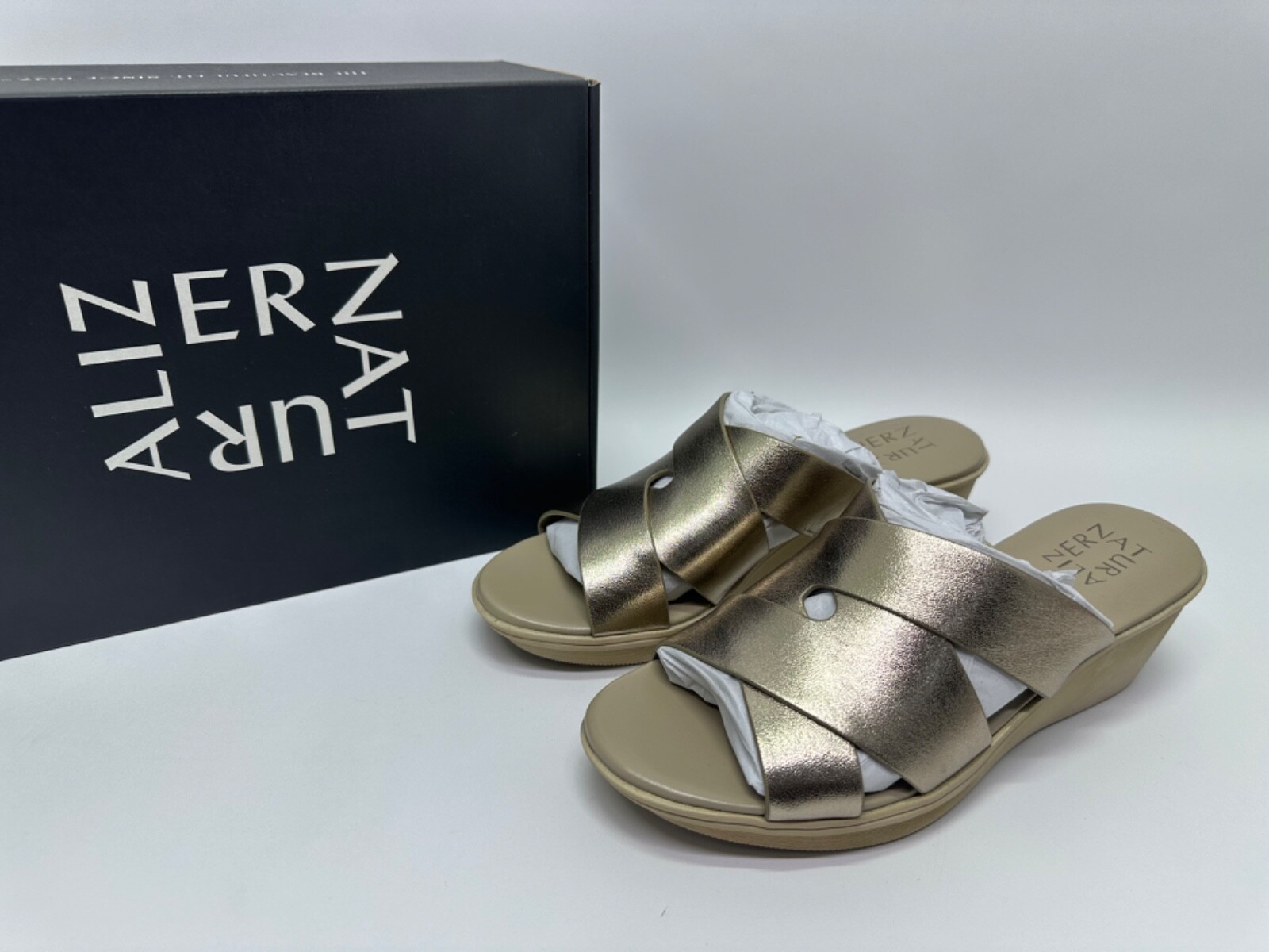 Naturalizer Rowena Warm Silver Wedge Heel Slide Leather Sandals US 6.5 ...