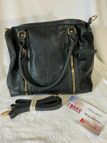 H.E.C. Black Vegan Leather Purse with Shoulder Strap & Gold Zipper ...