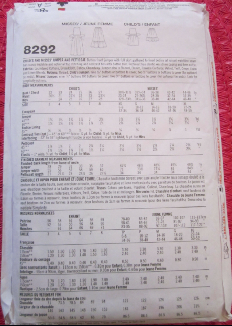 Child's & Misses' Jumper & Petticoat Simplicity Pattern 8292 Size XS ...