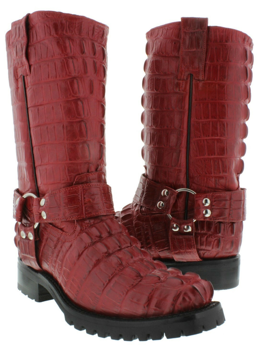 Mens Motorcycle Boots Leather Harness Alligator Print Square Toe Red ...