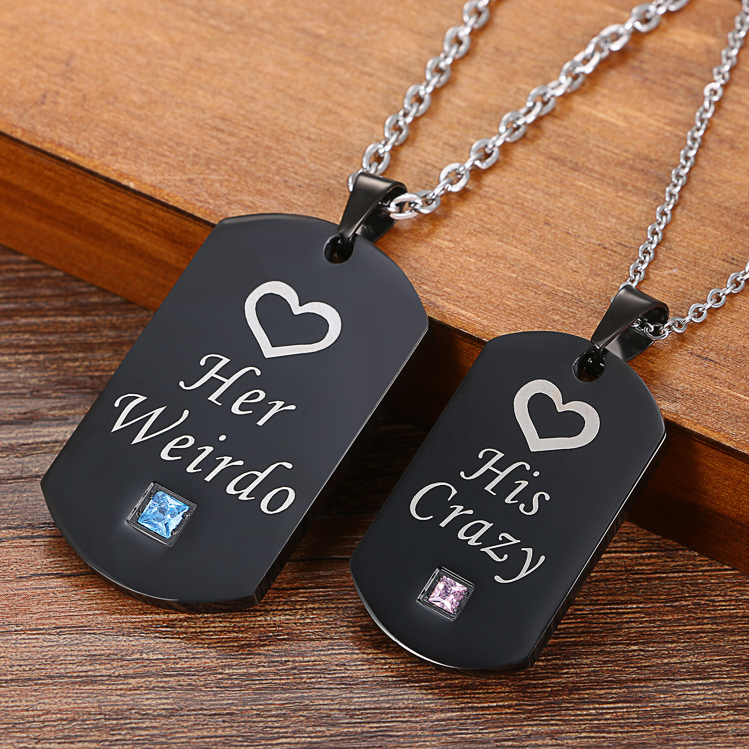 2pcs CZ His Crazy and Her Weirdo Black Steel Dog Tag Pendant Couple ...