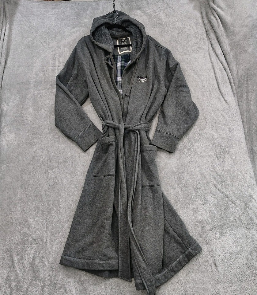 LL Bean Robe Mens XL Logo Thick Flannel Lined Fleece Dark Gray Dorm ...