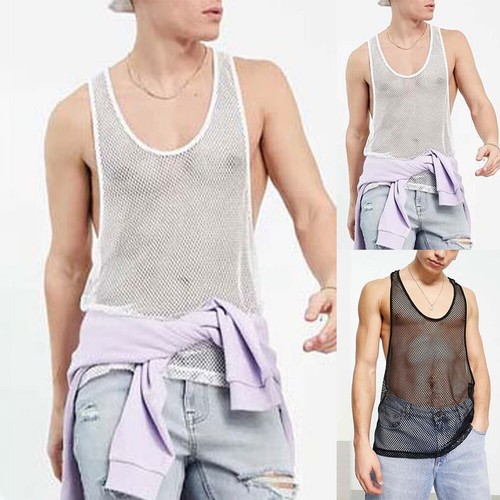 Sexy Fishnet Mesh Sleeveless Tank Top for Men Sport Vest T Shirt Black ...