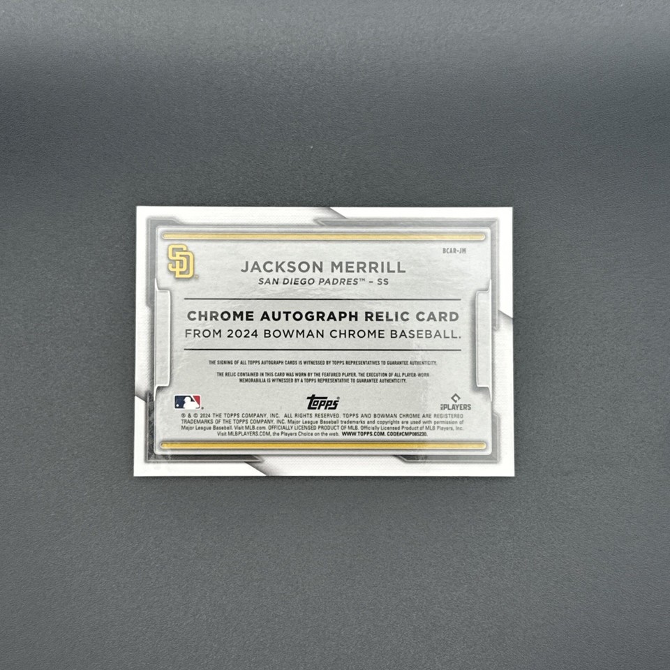 🔥Jackson Merrill 🔥2024 Bowman Chrome Autograph Relic! ⭐️Gold /50 #BCAR ...
