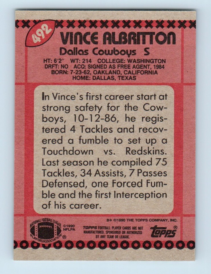 1990 Topps Vince Albritton Dallas Cowboys #492 | eBay