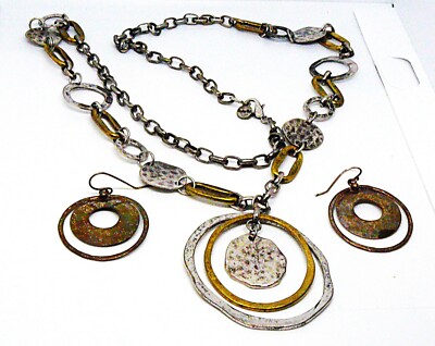 Ruby Rd Earrings & Necklace Silvertone Chain w Hammered Silver Brass ...