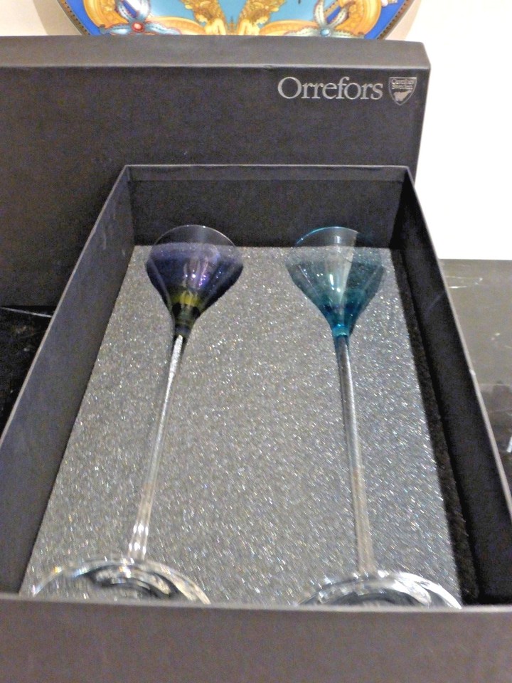 ORREFORS SWEDEN CRYSTAL CEREMONY AMETHYST AND TURQOUISE SNAPS CORDIALS ...