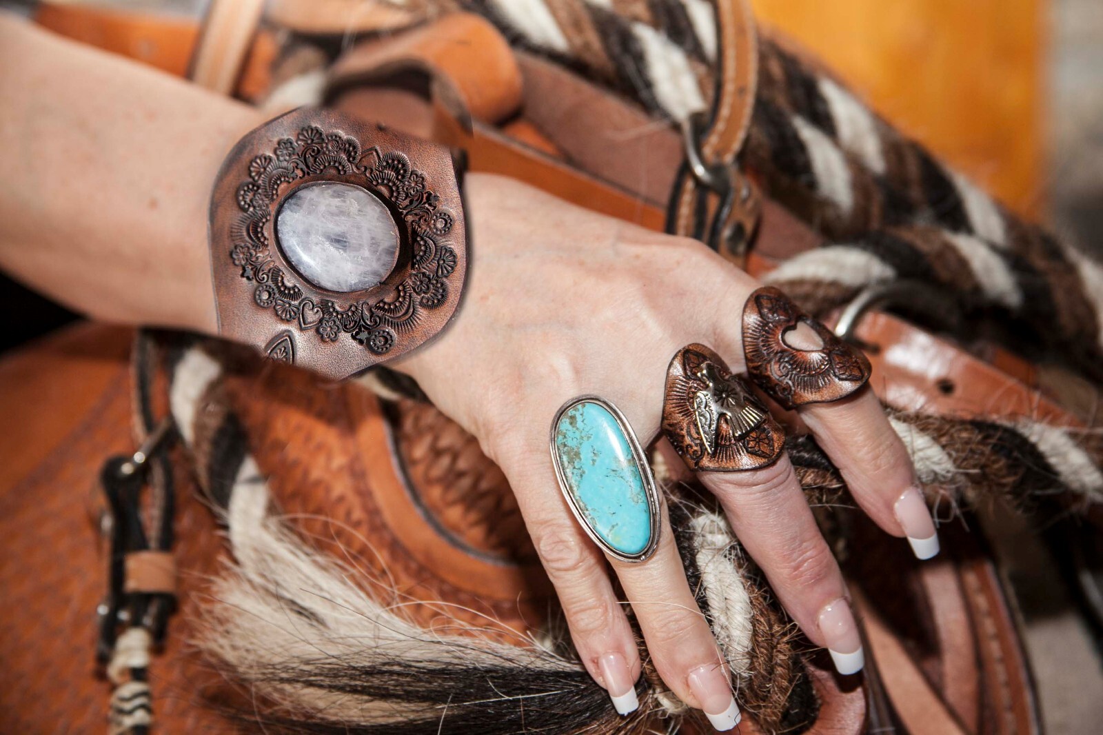 Leather Cuff Bracelet Rose Quartz Stone Hand Tooled Western Design | eBay