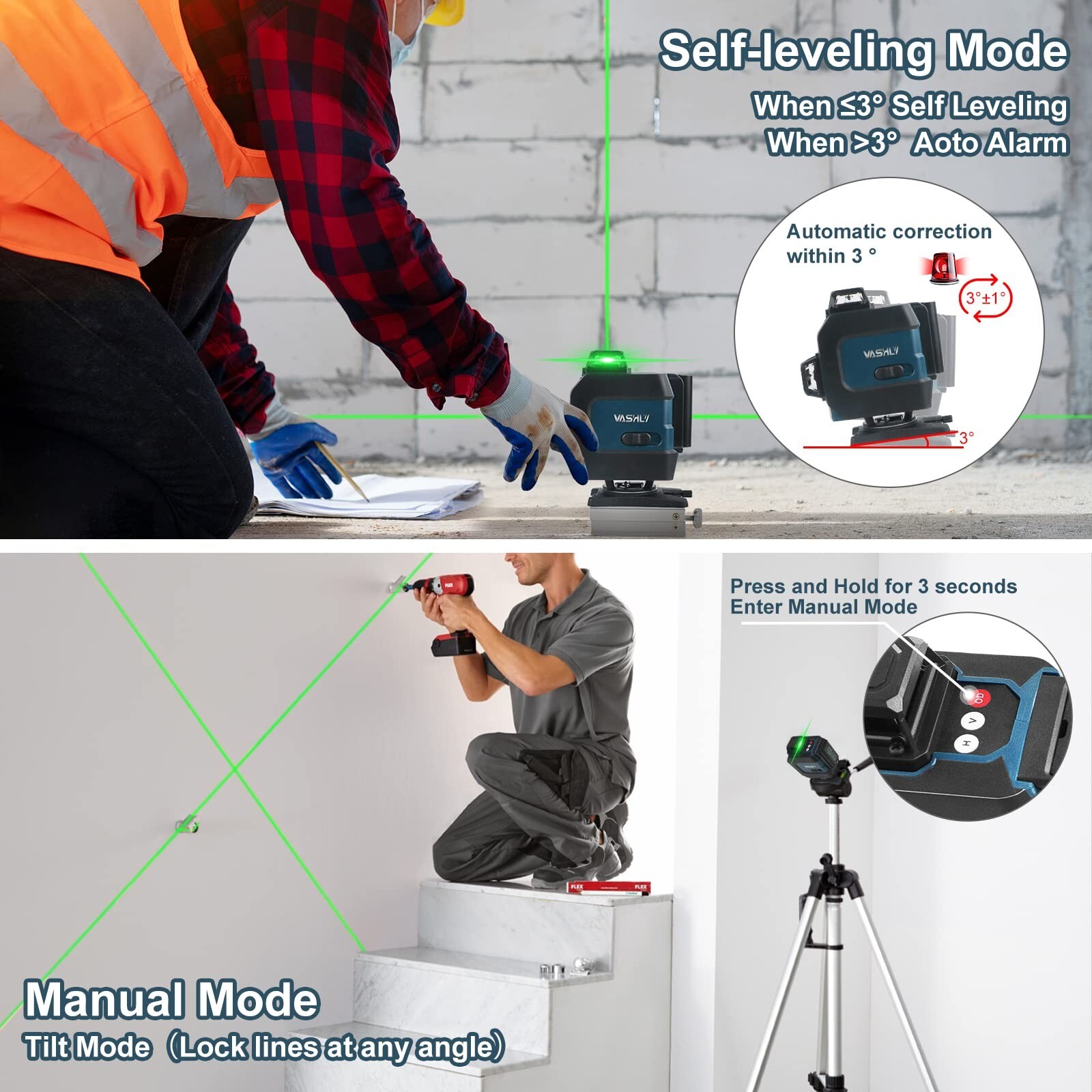 Vashly Laser Level, 16 Line Green Laser Level Self Leveling, 4 x 360 ...