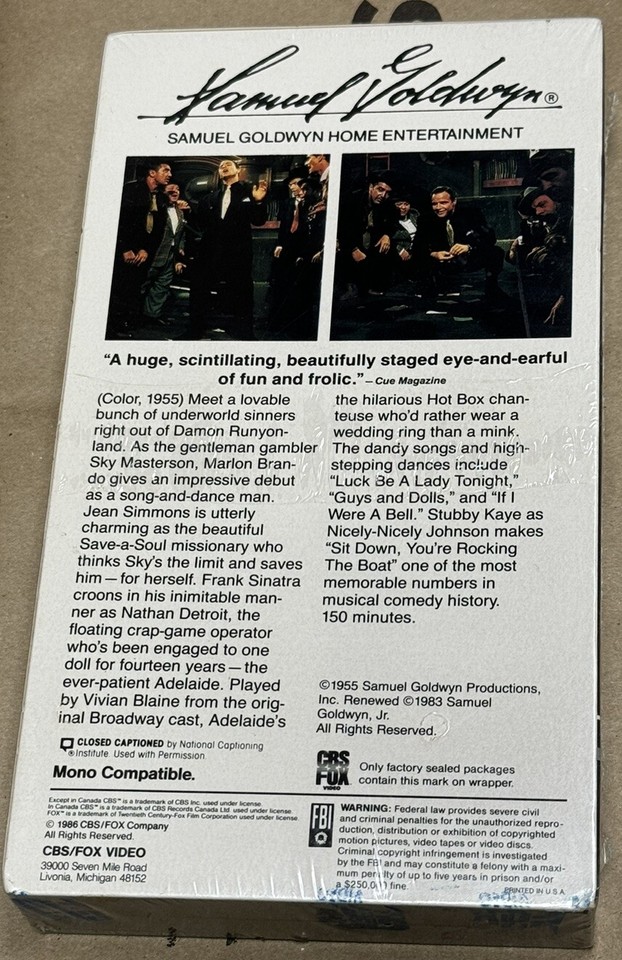 Guys and Dolls (VHS, 1991) NEW SEALED! FOX VIDEO 86162703935| eBay