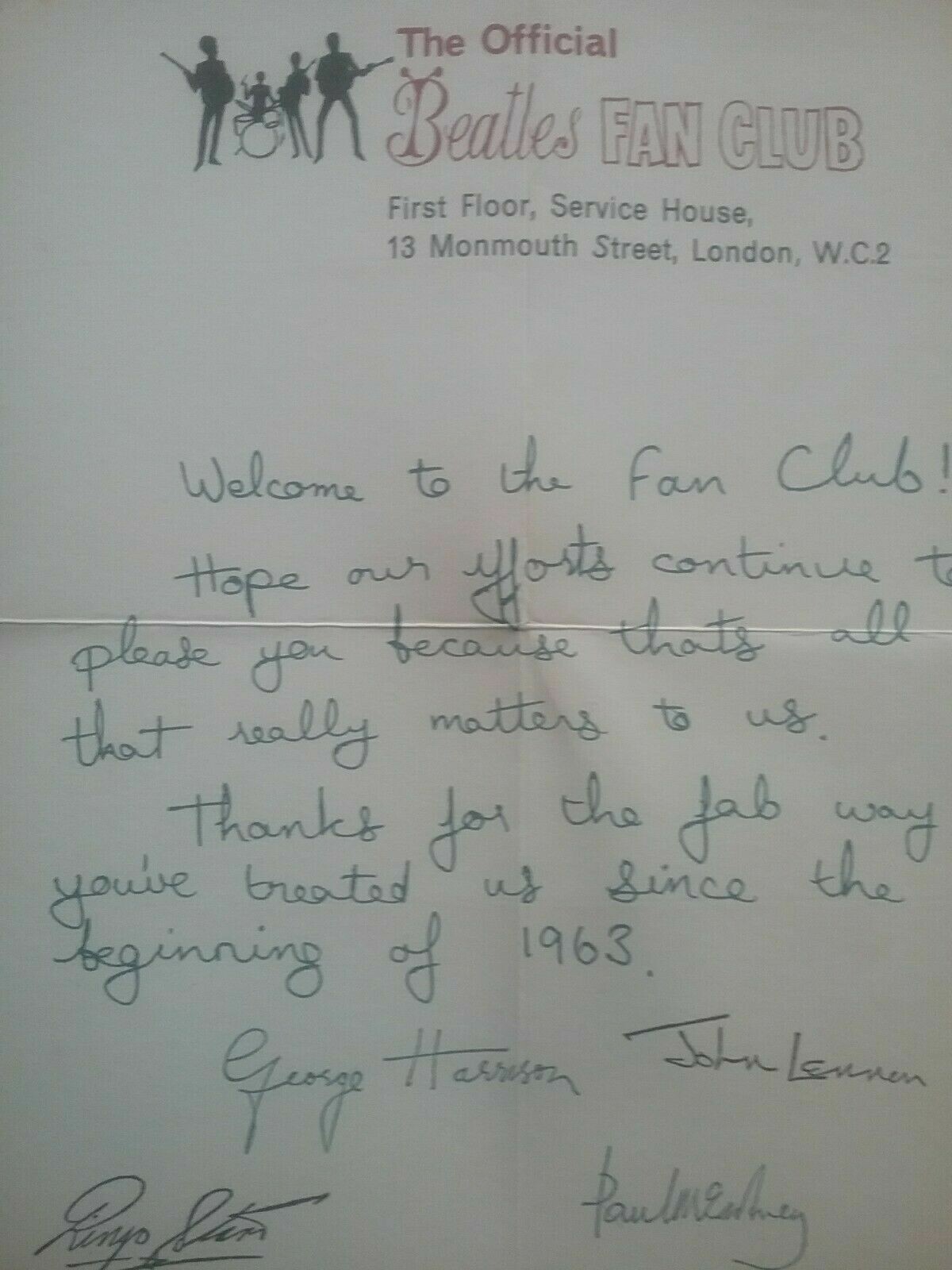 FAN CLUB LETTER OF THE BEATLES LIVERPOOL POP ROCK'N ROLL LEGENDS ...