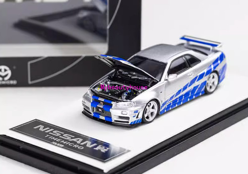 TM 1:64 Silver Blue Skyline GTR R34 FNF Sports Model Diecast Metal Car ...