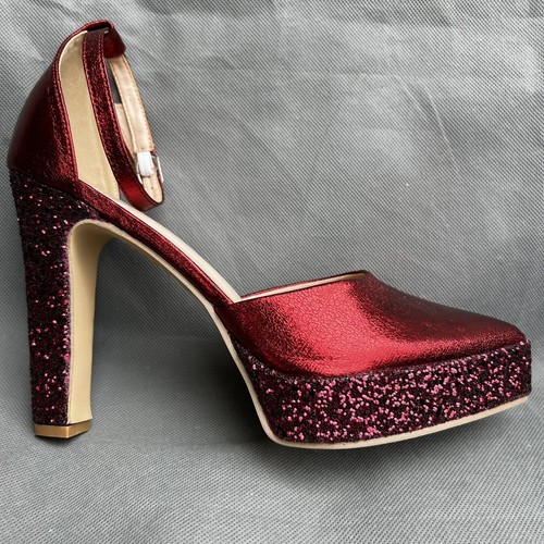 Ruby Red Metallic Platform Glitter Heels Shoes Size 4… - Gem