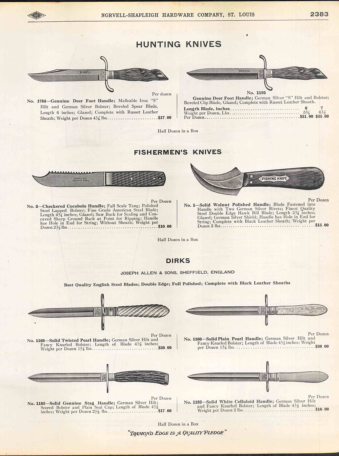 1910 ADVERT Deer Foot Hunting Knife Knives Joseph Allen & Sons Dirks ...