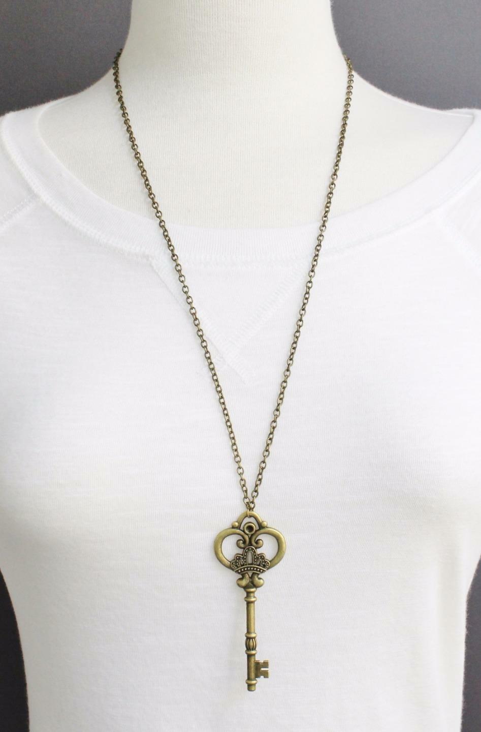antiqued Gold key necklace 27" long necklace chain skeleton key pendant ...