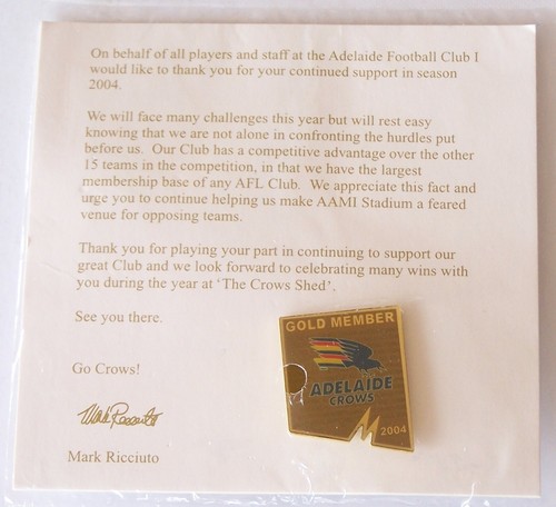 2004 ADELAIDE CROWS FOOTBALL CLUB AFL GOLD MEMBER LAPEL PIN HAT BADGE ...