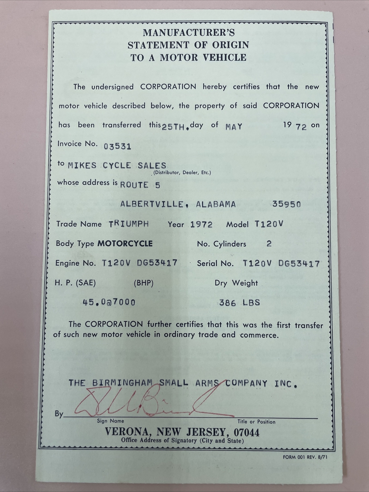 1972 TRIUMPH T120V MANUFACTURER'S STATEMENT OF ORIGIN MSO DOCUMENT 650 ...