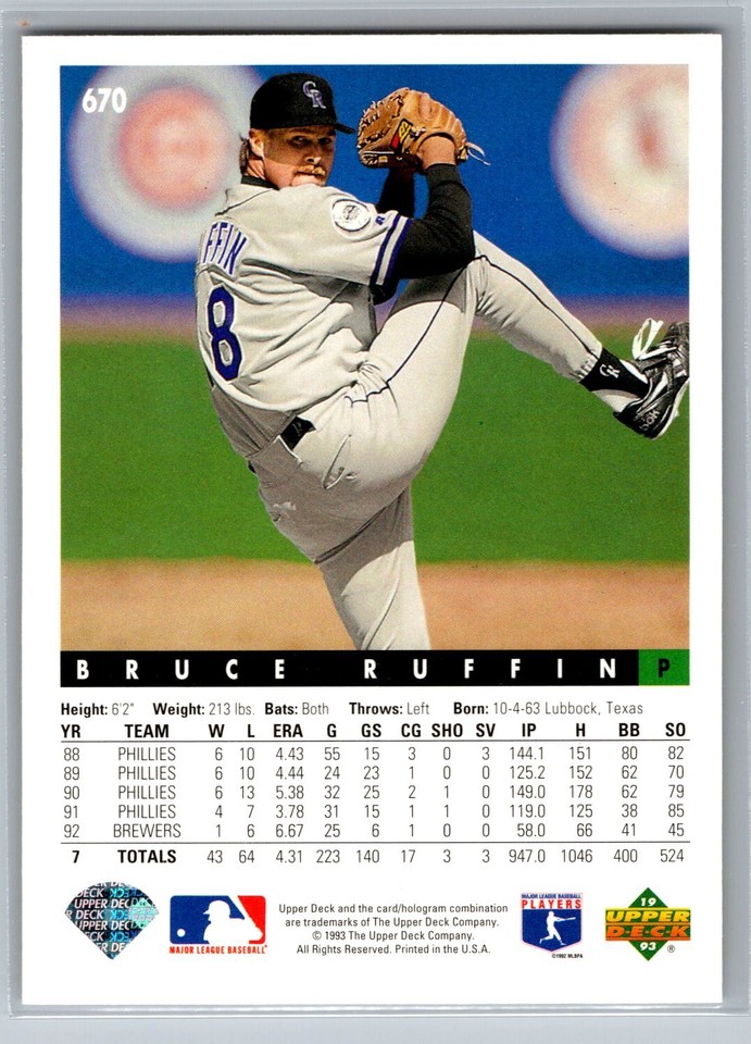 1993 Upper Deck Baseball #670 Bruce Ruffin Colorado Rockies | eBay
