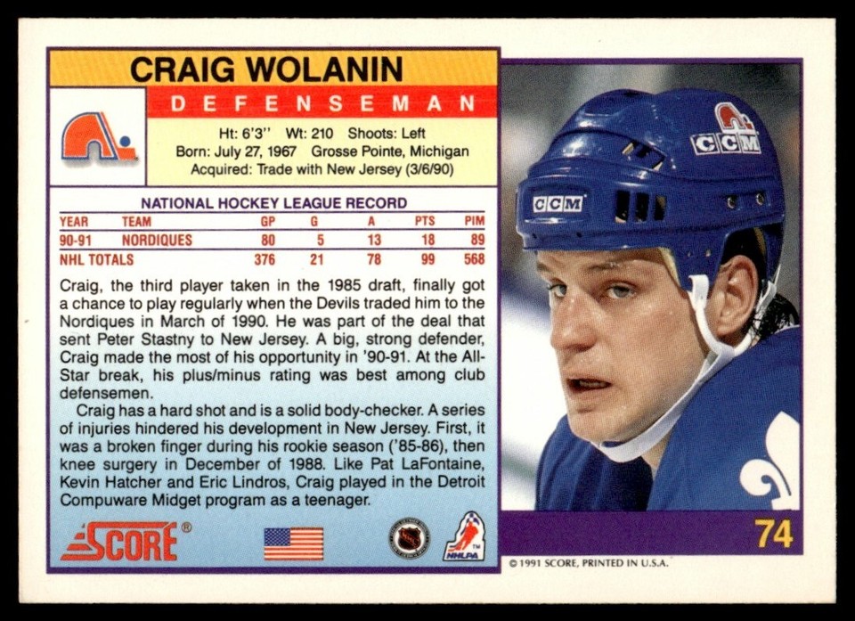 1991-92 Score American #74 Craig Wolanin Quebec Nordiques | eBay