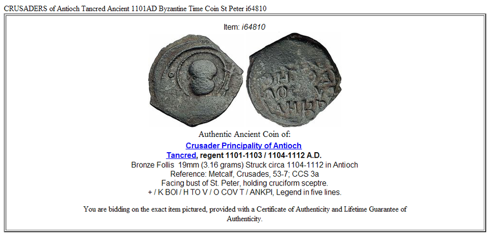 CRUSADERS of Antioch Tancred Ancient 1101AD Byzantine Time Coin St ...