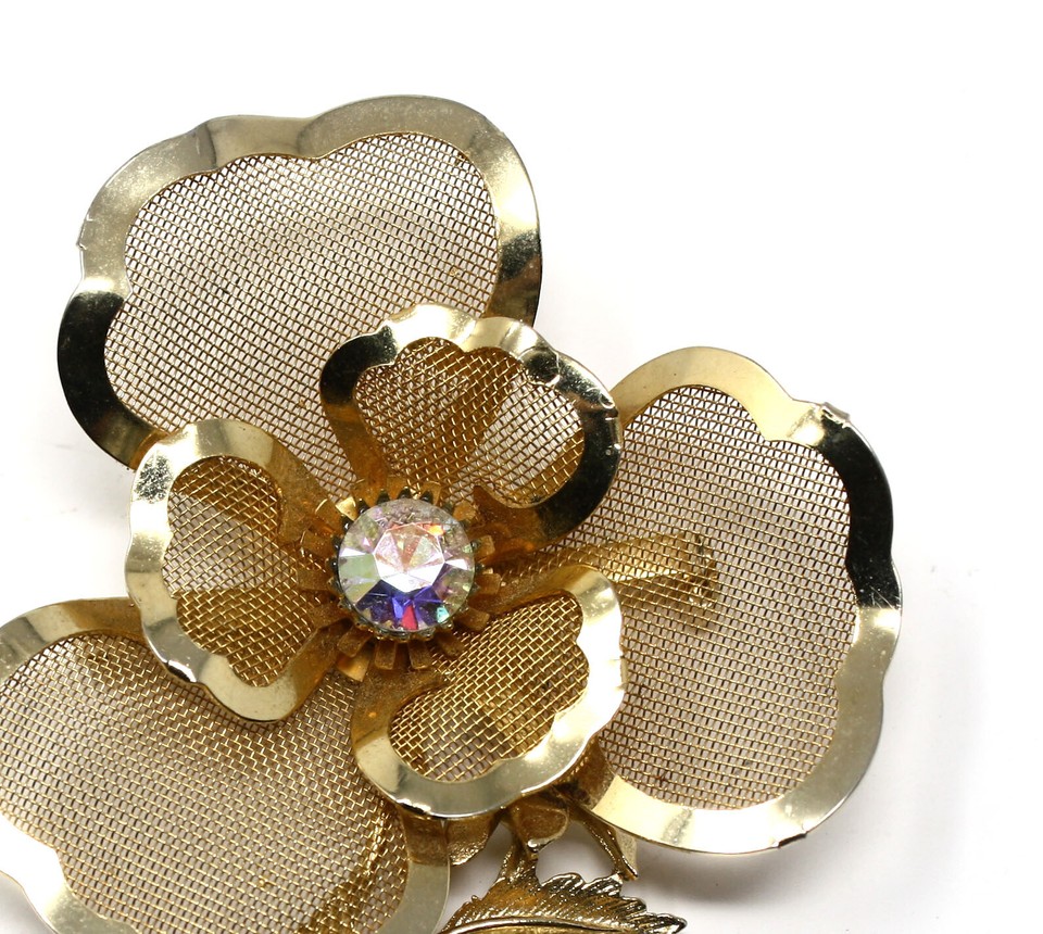 Vintage Large Flower Pin Brooch Gold Metal Mesh Statement Piece 3" High ...